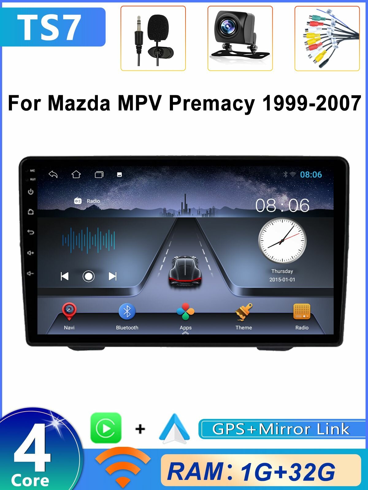 Автомагнитола Mazda MPV Premacy 1999-2007, Bluetooth Wi-Fi Сенсорные кнопки , Серебристый CARPLAY IPS