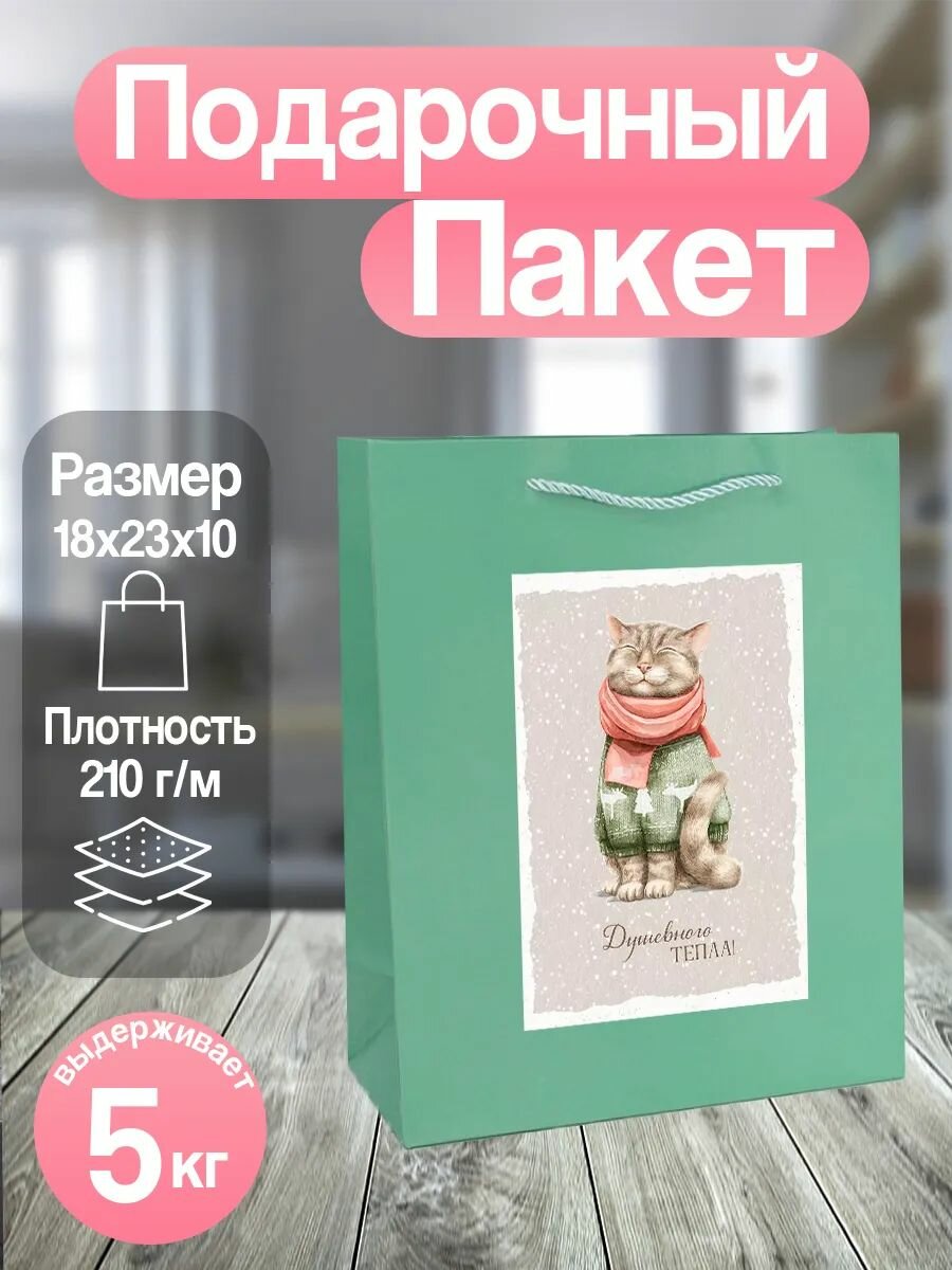 Подарочный пакет маленький зеленый новый год Котики, упаковка для подарка, 18х23 см