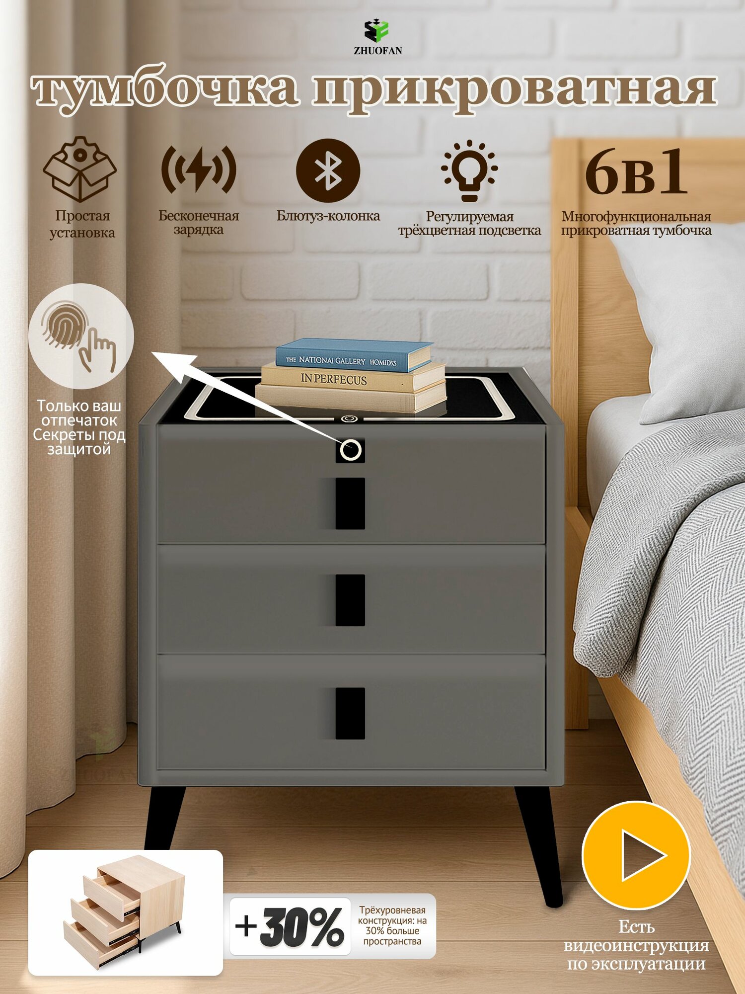 Тумба прикроватная , 3 ящ. Беспроводная зарядка Bluetooth-динамика с трехцветной подсветкой 40х50х59 см, выдвижными