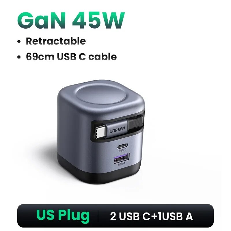 Зарядное UGREEN GaN 45W US Plug с кабелем USB C