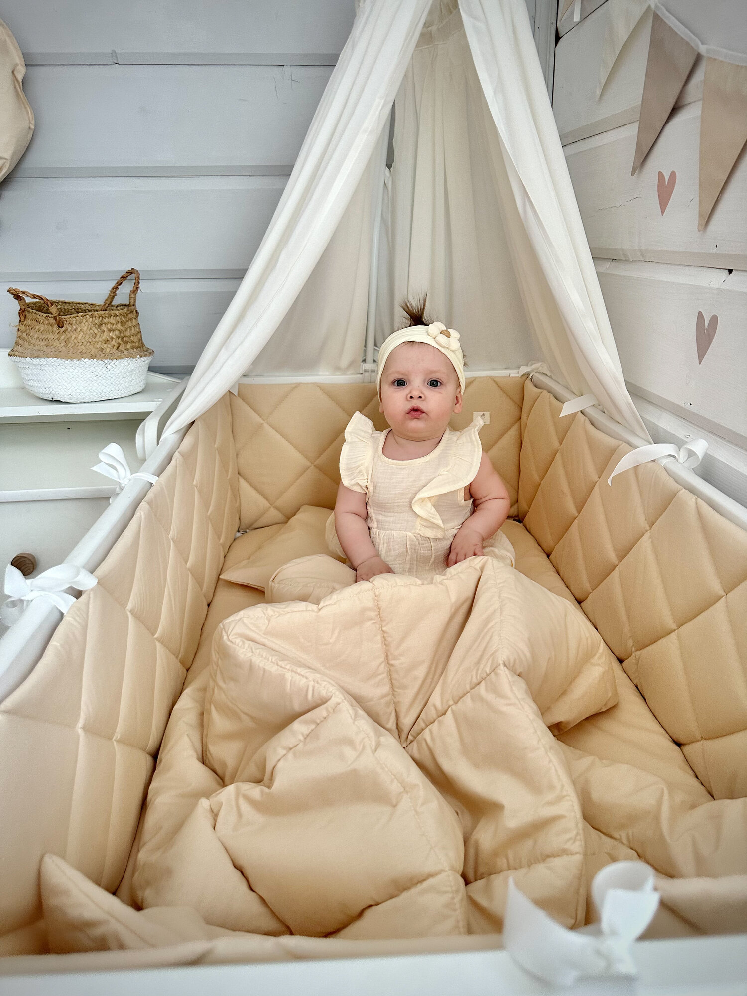 Бортики в кроватку для новорождённых стеганые MamiBro, 100% хлопок, светло бежевый, 60х30 см - 2 шт, 120х30 см - 2 шт