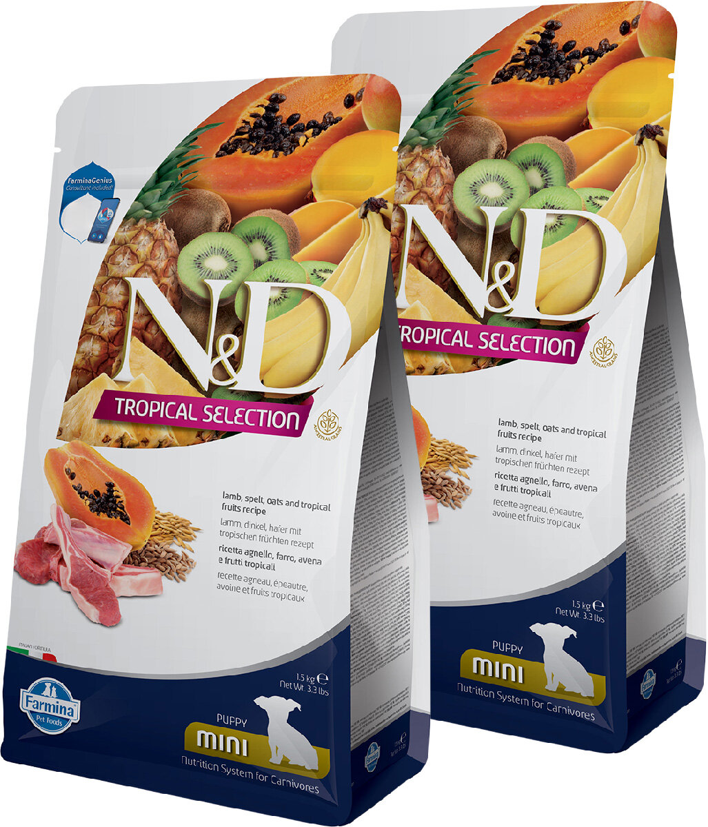 Корм сухой Farmina Dog N&D Tropical Selection Puppy Mini Lamb низкозерновой для щенков маленьких пород, ягненок, спельта, овес и тропические фрукты, 1,5 + 1,5 кг