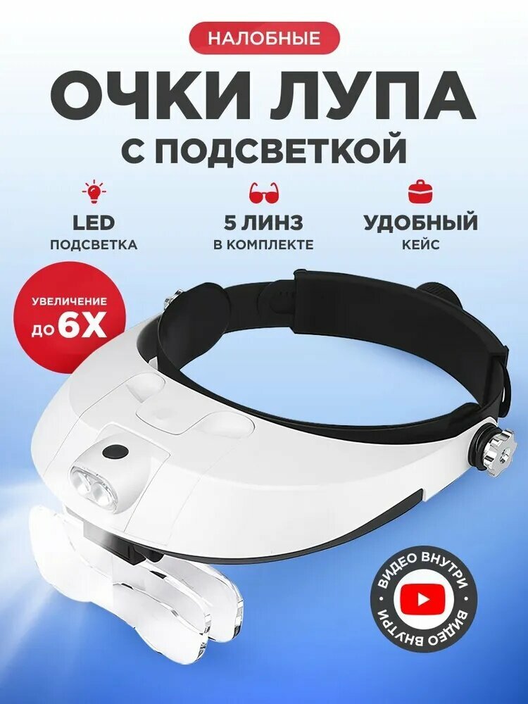 Очки лупа увеличительные с подсветкой, со сменными линзами в футляре, лупа налобная