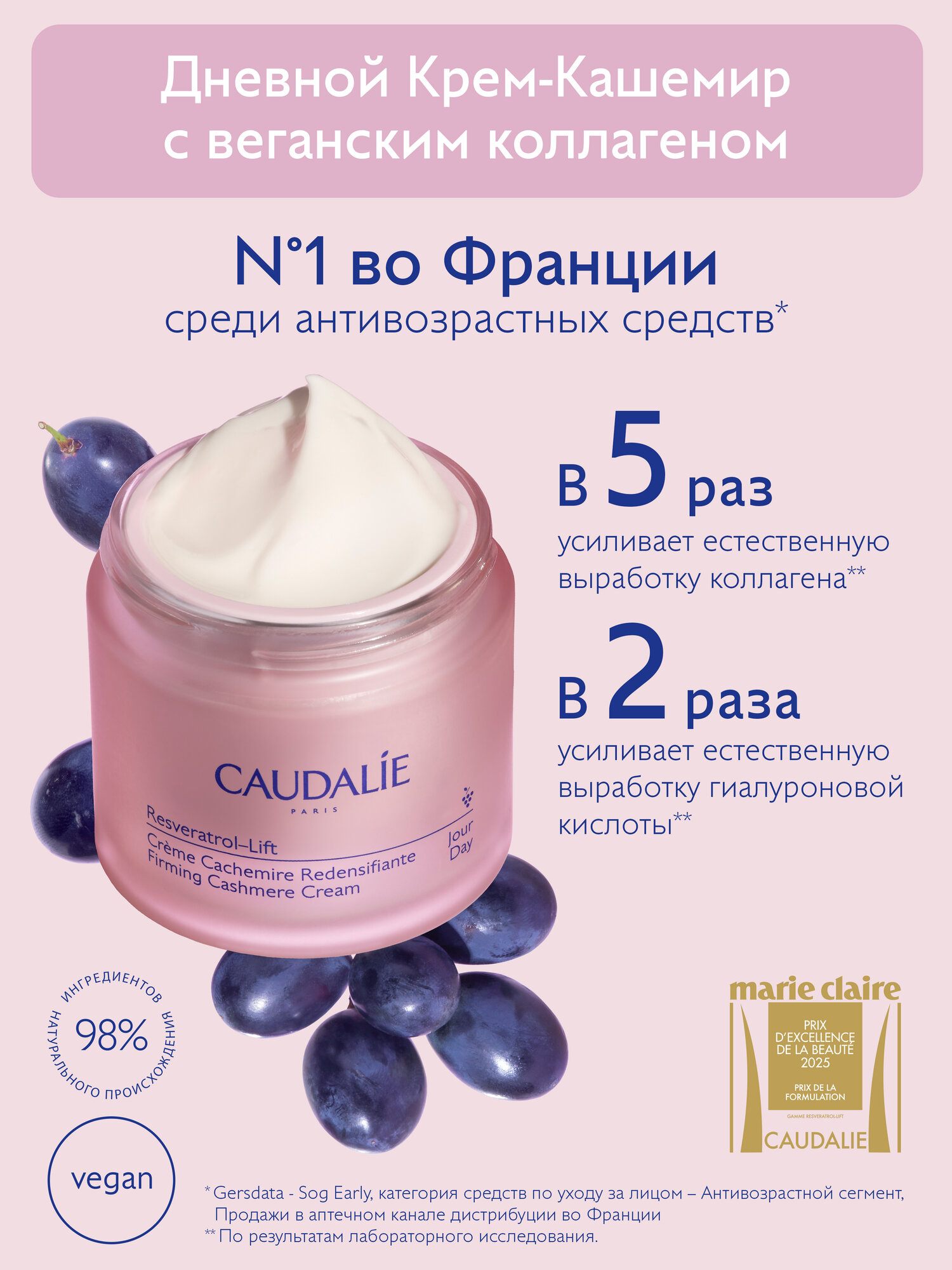 Крем-Кашемир для лица Caudalie Resveratrol-Lift Антивозрастной гиалуроновый, с ресвератролом и коллагеном