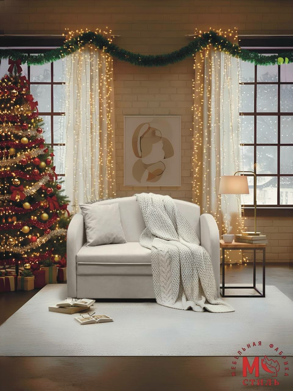 Диван выкатной М-Стиль "Джери", с ящиком, велюр искусственный, бежевый