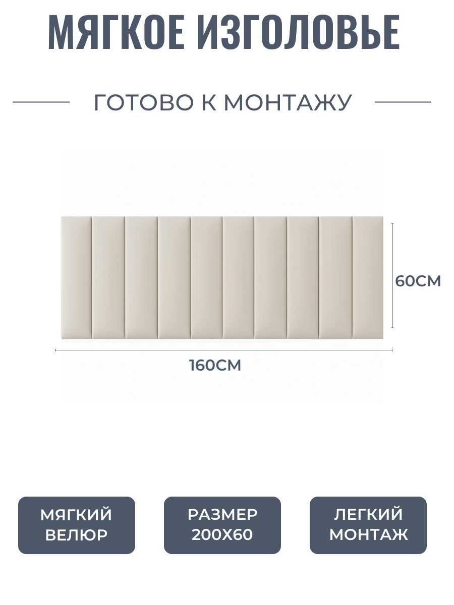 Спинка для кровати мягкая, изголовье 160 на 60 сантиметров, молочный велюр, рисунок 10 вертикальных полос