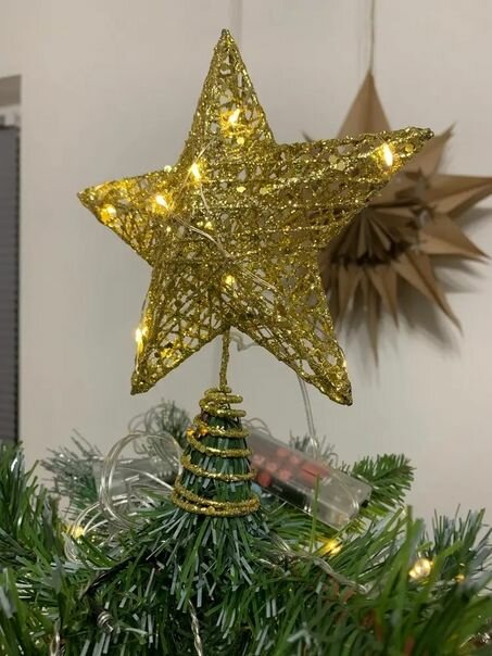 Верхушка для елки/наконечник на елку /макушка 25 см золото звезда от батареек светящаяся блестки
