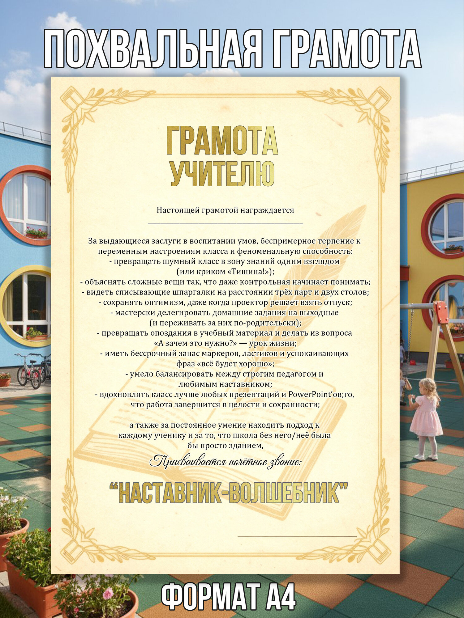 Похвальная грамота учителю А4