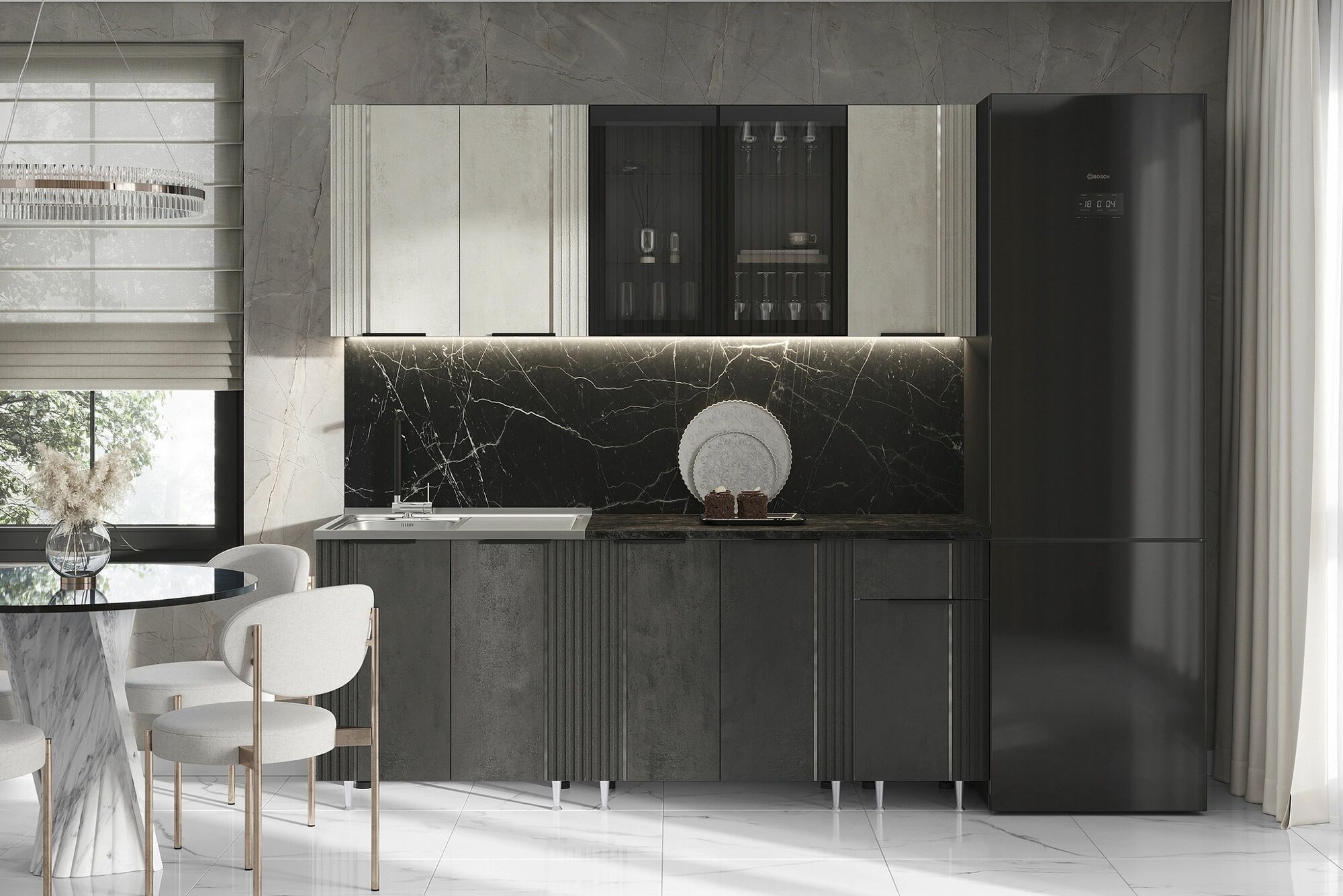 Кухня Виктория 2,0м (490) (Камень светлый/Камень темный, Графит (Кастилло темный))