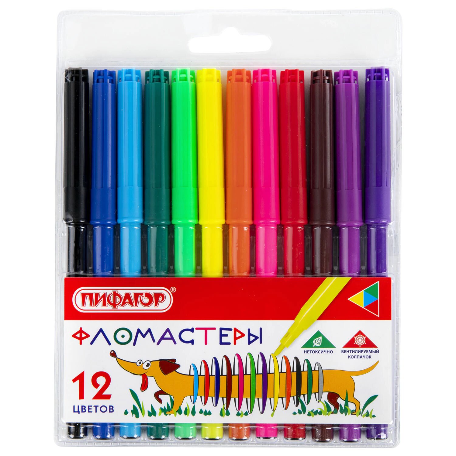 Фломастеры пифагор "Веселая такса", 12 цветов, вентилируемый колпачок, 151397, 6шт.