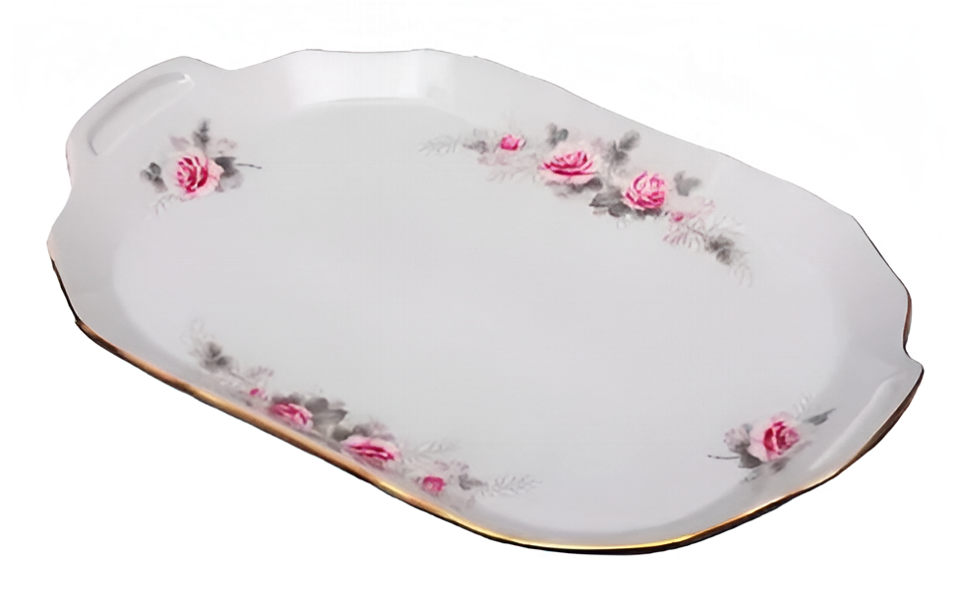 Поднос прямоугольный с ручками 23 см; "Bernadotte", декор "Бледные розы, отводка платина", Thun/ БТФ1611