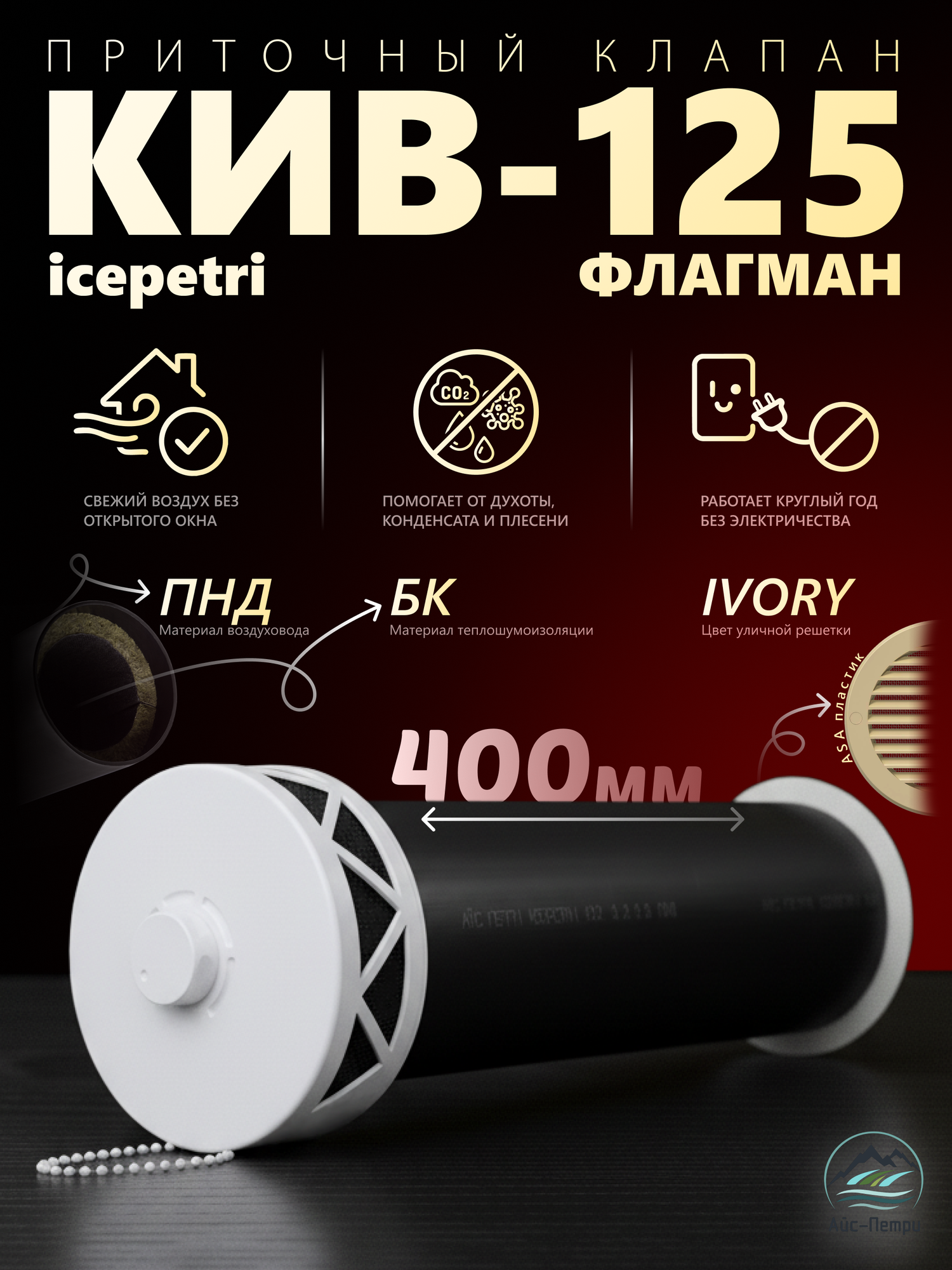 Приточный клапан КИВ-125 флагман 400 ПНД БК ivory