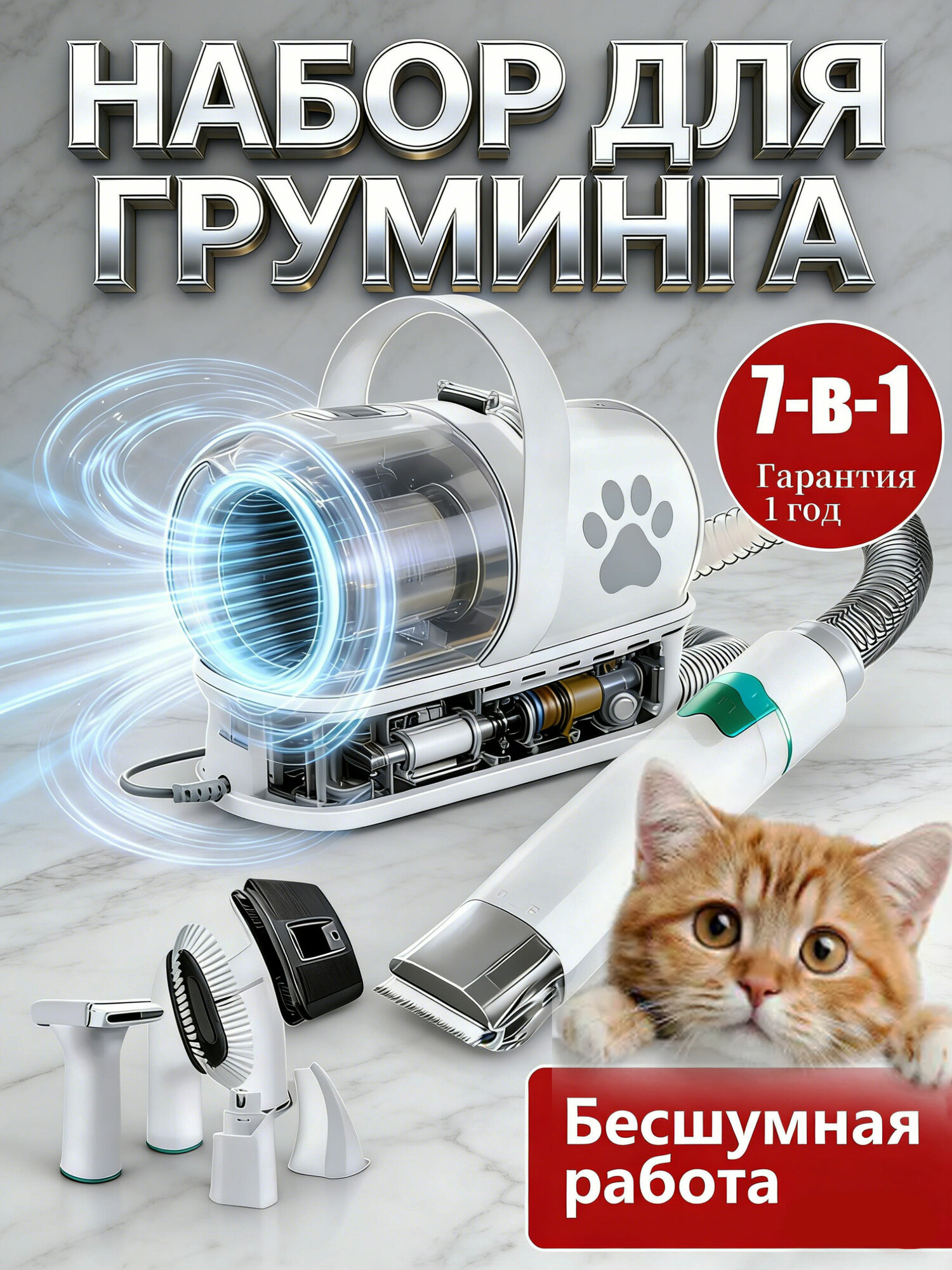 Машинка для стрижки собак с насадками, набор для груминга с пылесосом