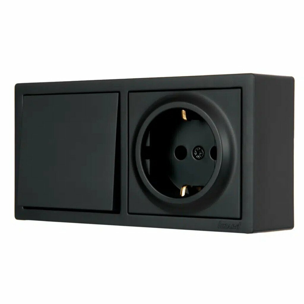 Блок выключатель одноклавишный и розетка с заземлением Lezard Leto черный матовый, открытая установка, 16А, IP20