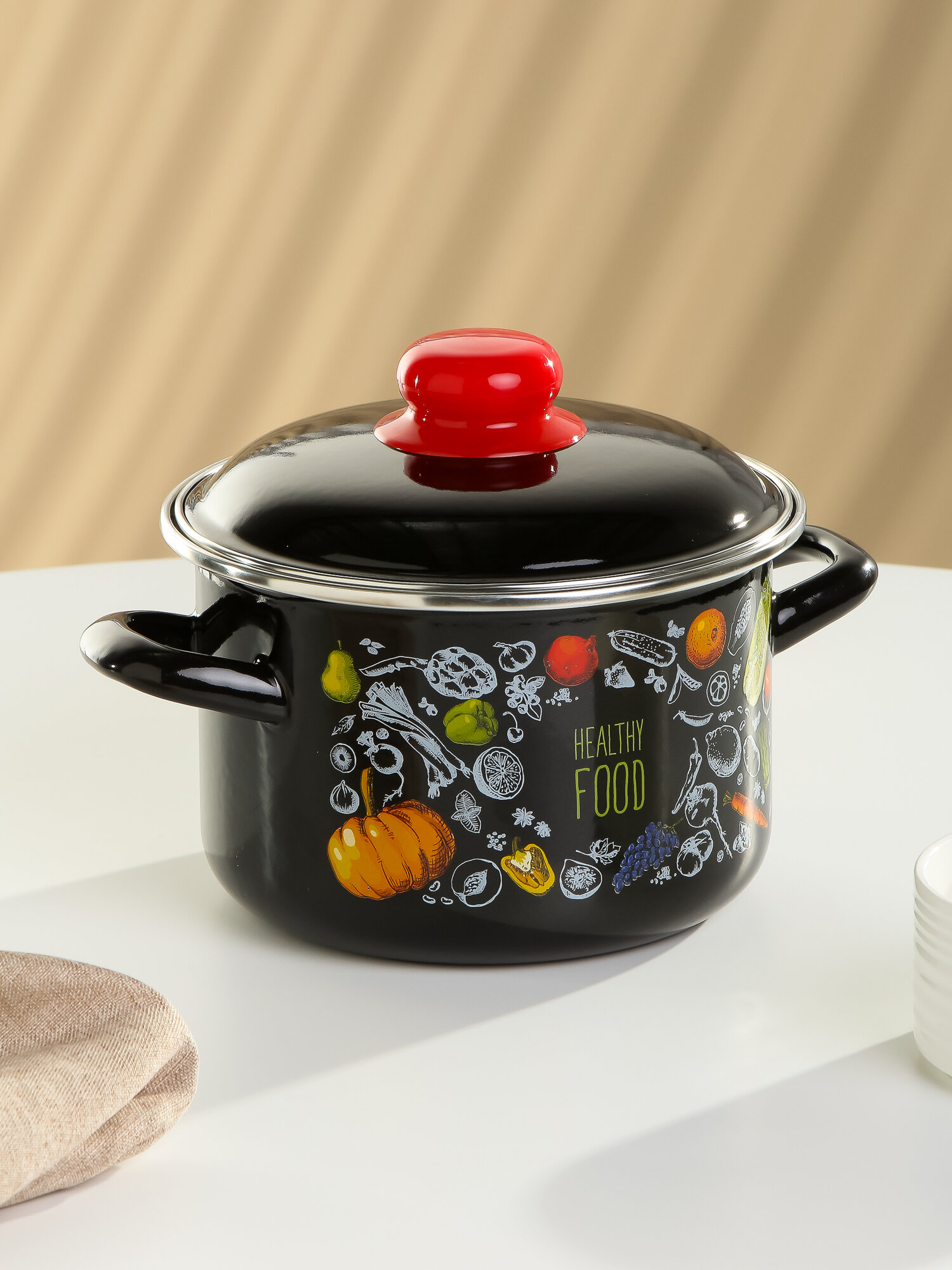 Кастрюля эмалированная Appetite Healthy food 2 л, стальная крышка, для индукции и всех видов плит, черная, 18 см