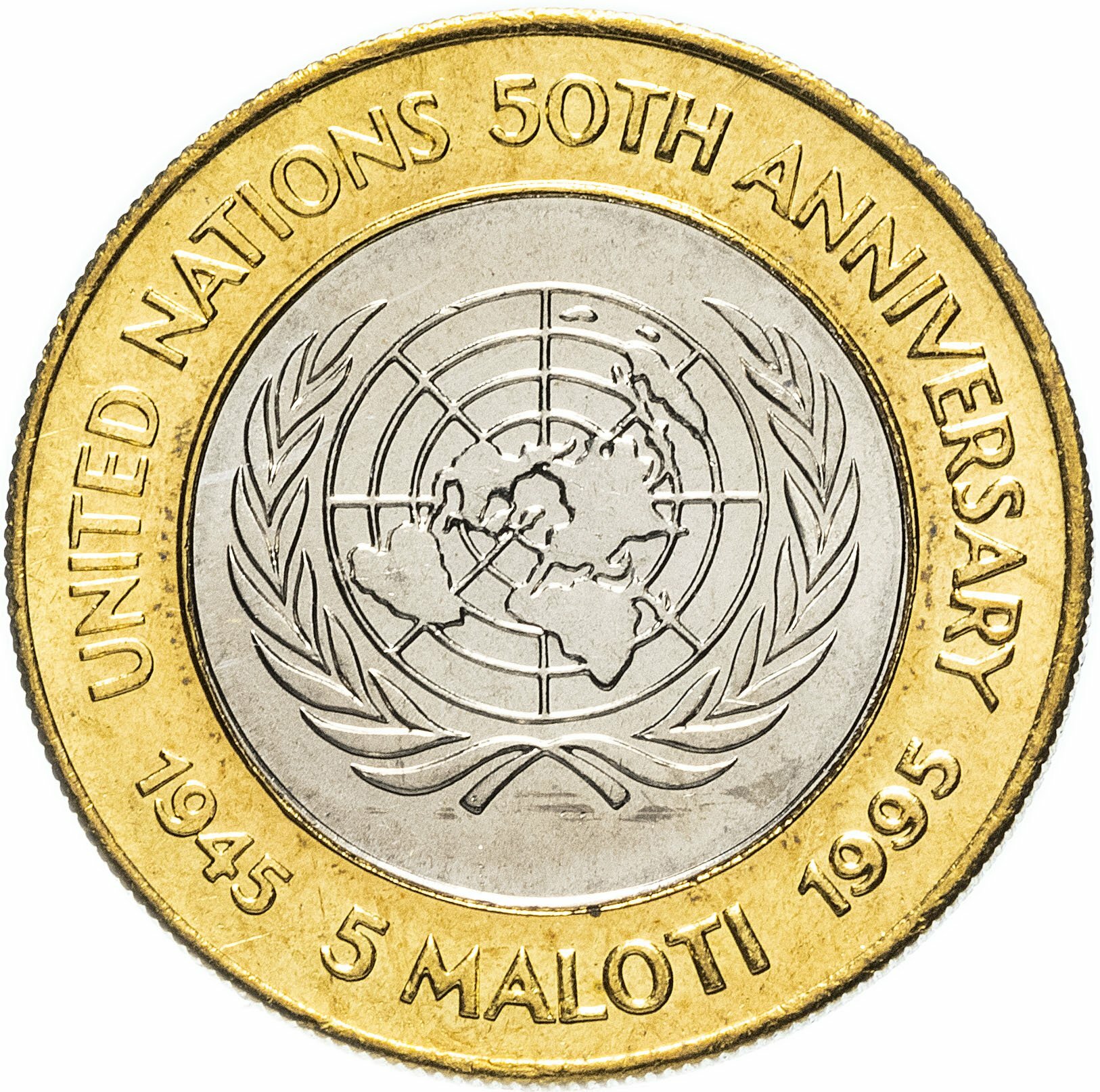 Лесото 5 малоти 1995 "50 лет ООН", Биметалл, в сохранности UNC
