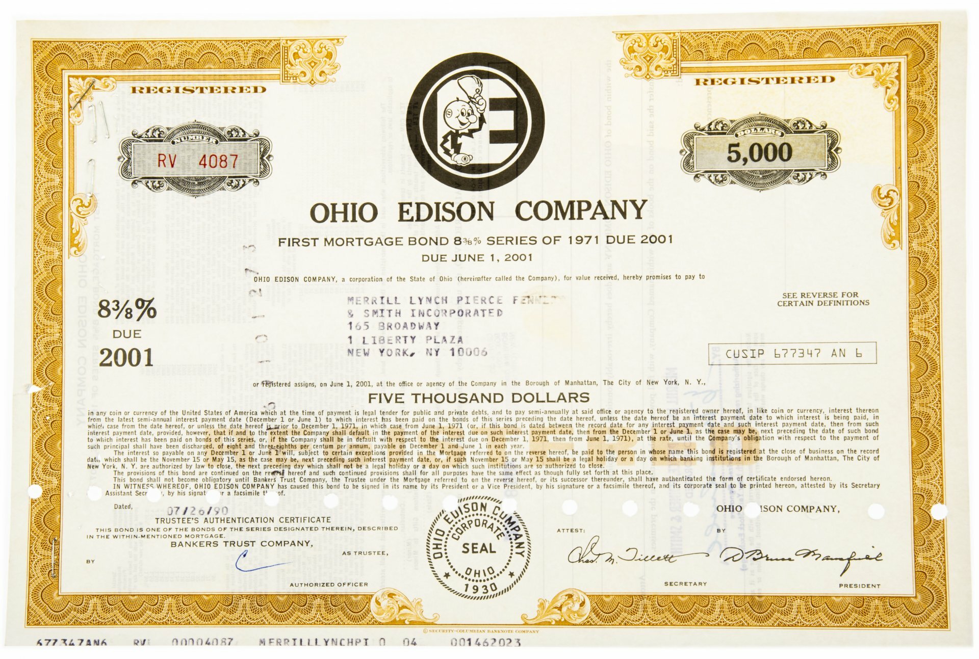 Акция США OHIO EDISON COMPANY 1976- 1990 гг