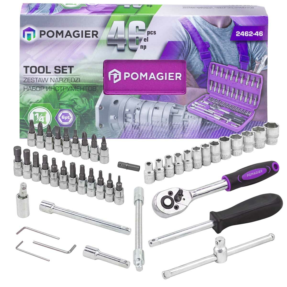 Набор инструмента POMAGIER 46 предметов 1/4 (6-гран.)(4-14мм) POM-2462-46(60436)