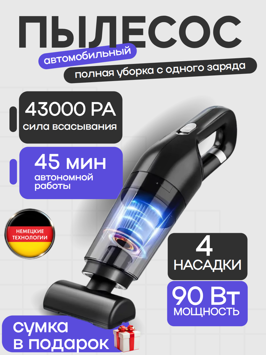 Автомобильный беспроводной мощный пылесос ручной для салона и дома