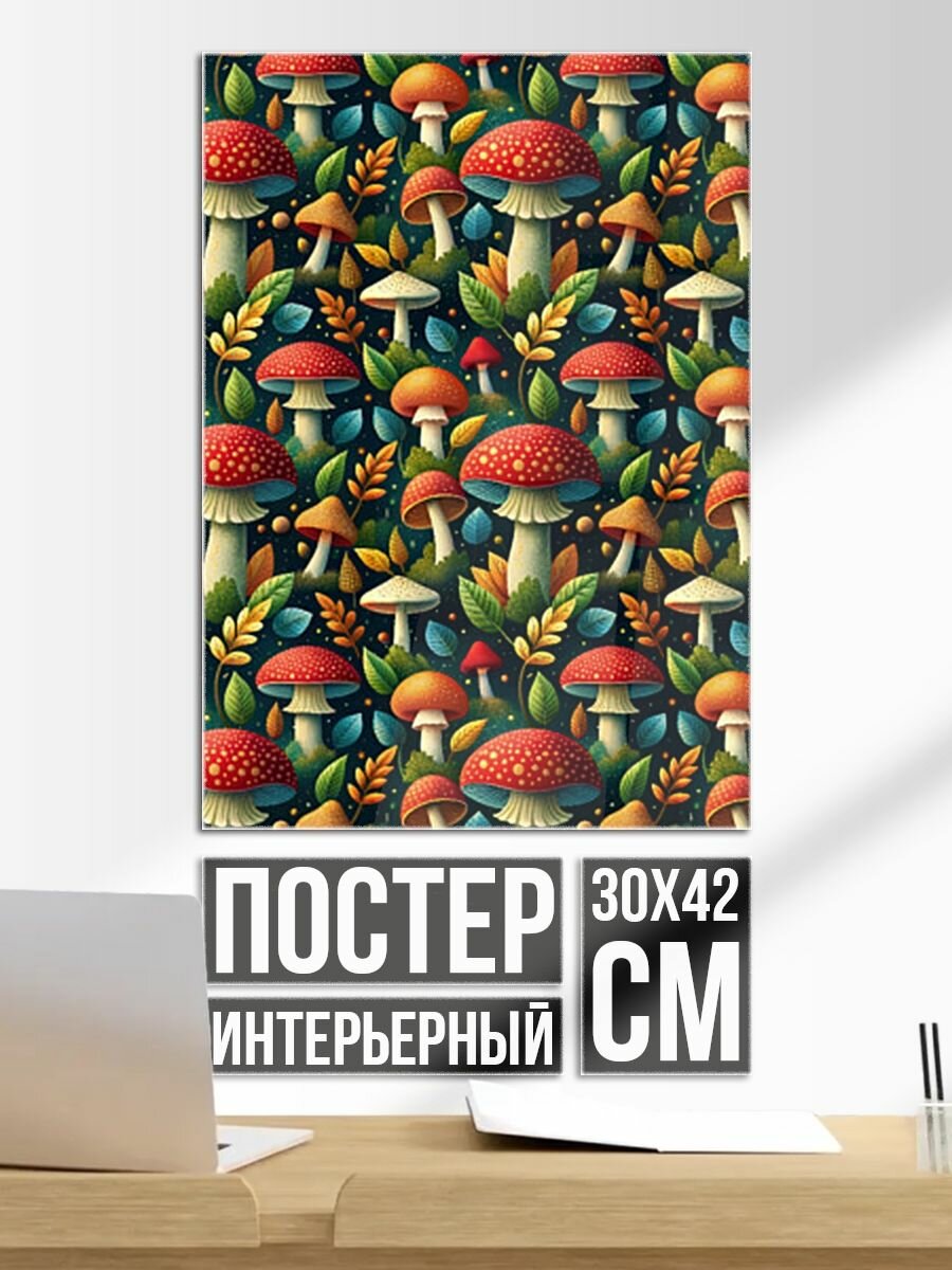 Постер на стену Красные мухоморы в лесу паттерн