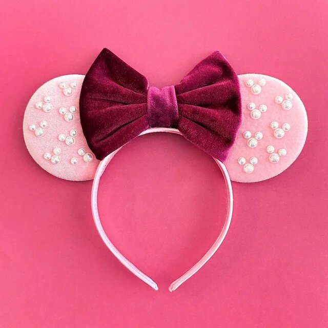 Повязка на голову Disney с белыми жемчужинами и ушками Микки Мауса, женское красочное украшение для волос из мягкого хлопка с бантиком, повязка на голову для девочки с Минни Маус, детский подарок.