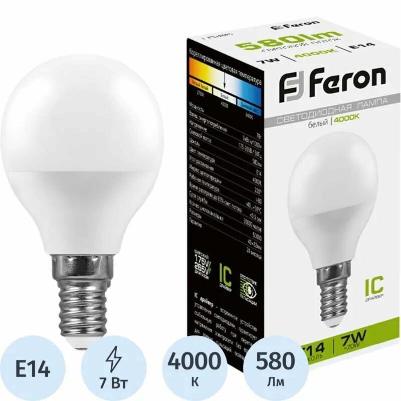 Лампа светодиодная Feron LB-95 Шарик E14 7W 175-265V 4000K(25479), 2082348
