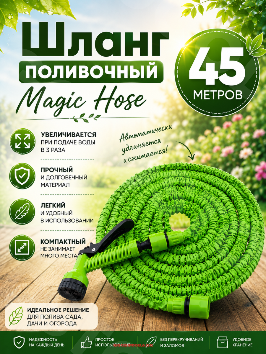 Шланг поливочный Magic Hose 45 м, зеленый