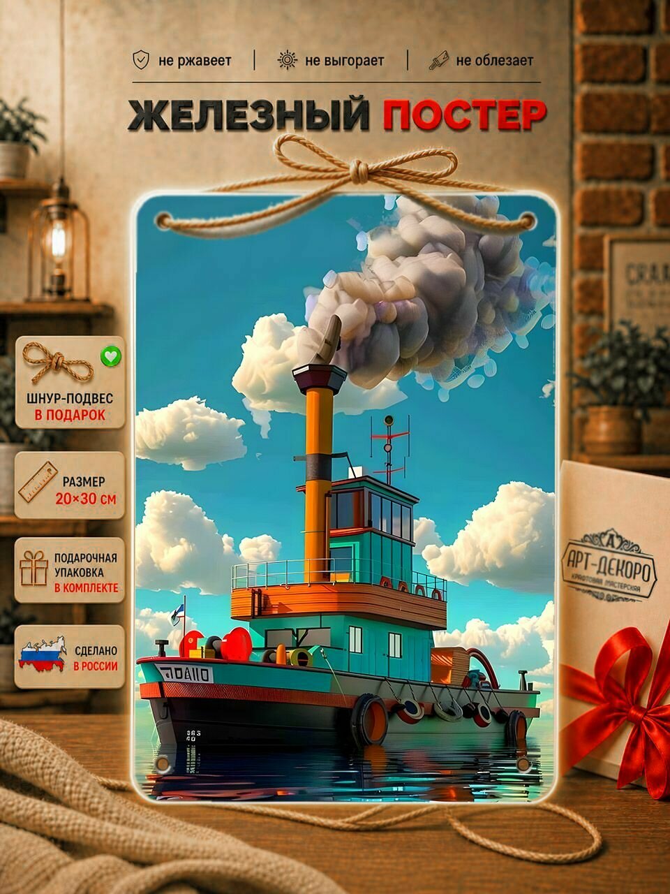 Железный постер 20 на 30 см. Корабль море, подарочная упаковка в комплекте