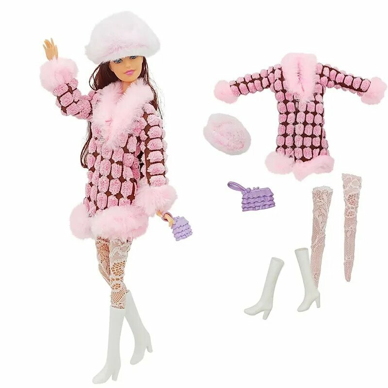 Комплект одежды из розового искусственного меха для куклы Barbie