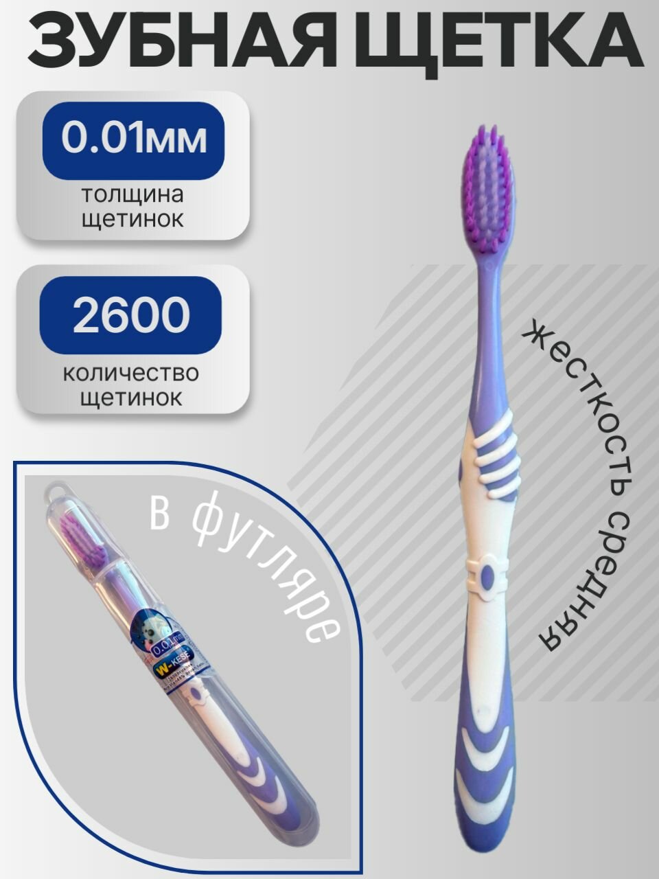 Зубная щетка в футляре средней жесткости, фиолетовая, синяя / Дорожная зубная щетка, 173-23