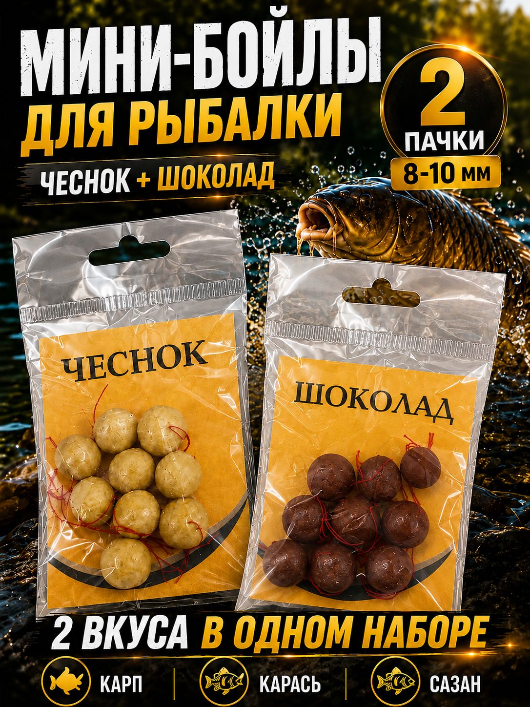 Оснащенные бойлы Чеснок/Шоколад для карповой ловли, готовая насадка с крючком на карпа и карася, 2 шт
