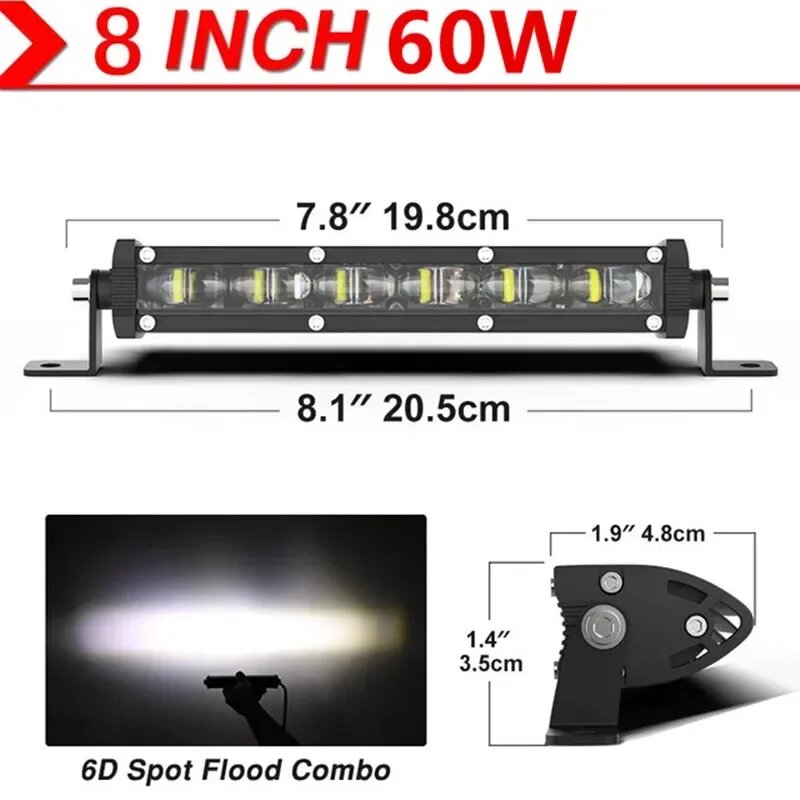 8" 60W LED Бар 6D для внедорожника, автомобиля, лодки