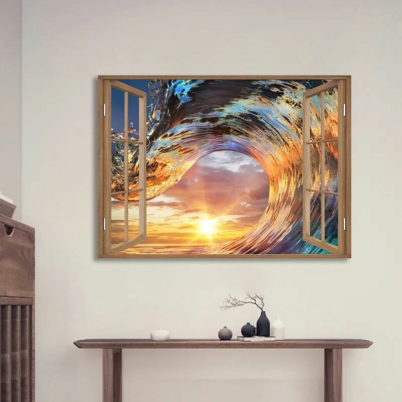 Картина "Окно с видом", 20x30 см, на подрамнике, холст, поп-арт, морская волна