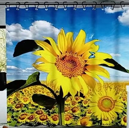 Штора для ванной комнаты с 3D рисунком, 180х180 см с металлическими кольцами для крепления (принт подсолнух)