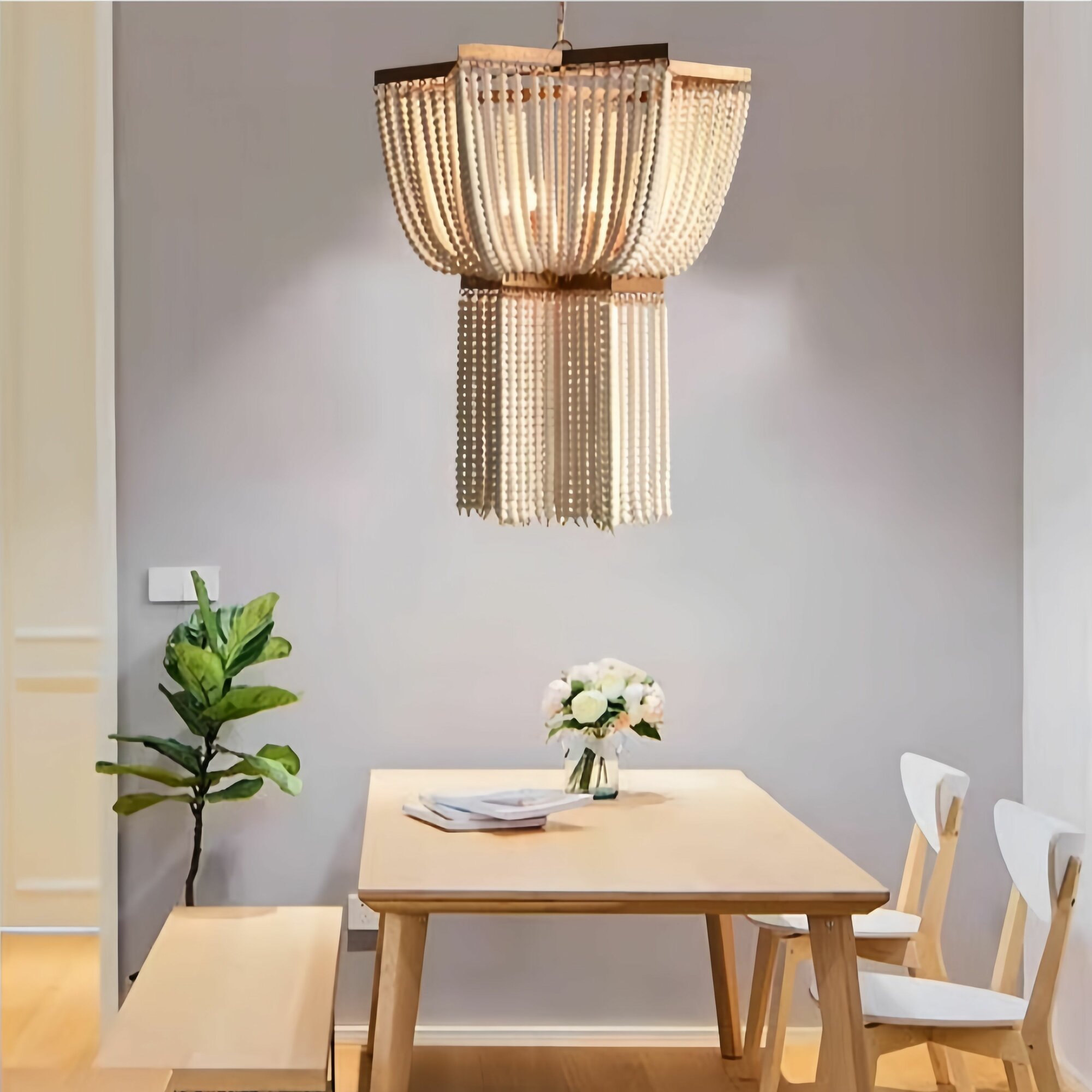 Винтажная белая деревянная люстра из бисера, с розеткой E14x5, диаметр 48 см, высота 86 см, регулируемая длина цепи 100 см, для спальни / столовой / прихожей