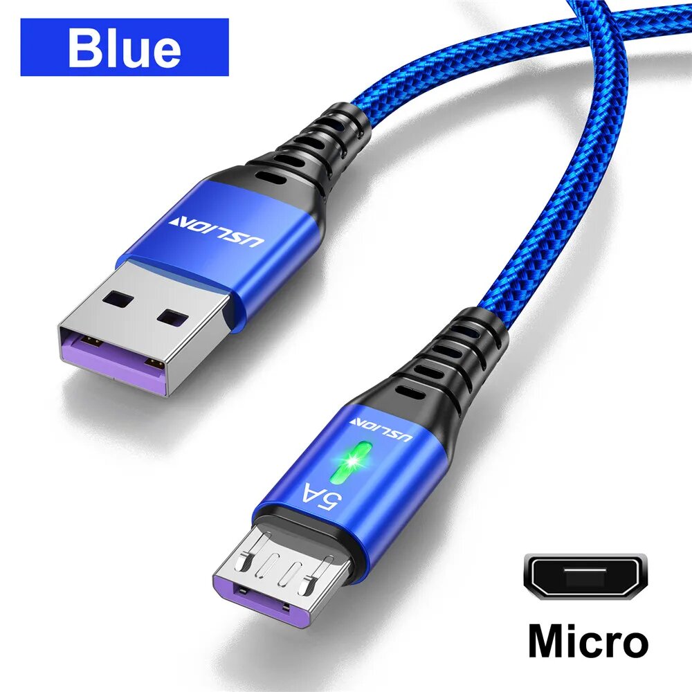 USLION 5A Кабель Micro USB для быстрой зарядки мобильного телефона Кабель Micro USB для Xiaomi Android Светодиодное освещение USB Зарядное устройство Кабель для передачи данных 0.3m, Blue For Micro