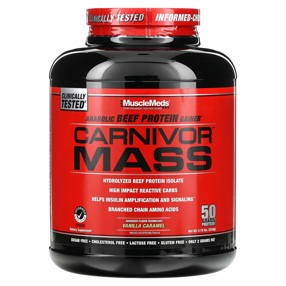 MuscleMeds, Carnivor™ Mass, анаболический гейнер с говяжьим протеином, ваниль и карамель, 2618 г (5,78 фунта)