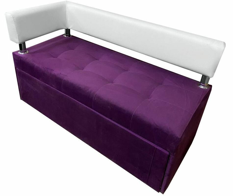 Диван-кровать Дельфин с подлокотником 160x62х80 белая экокожа и фиолетовый велюр, левый