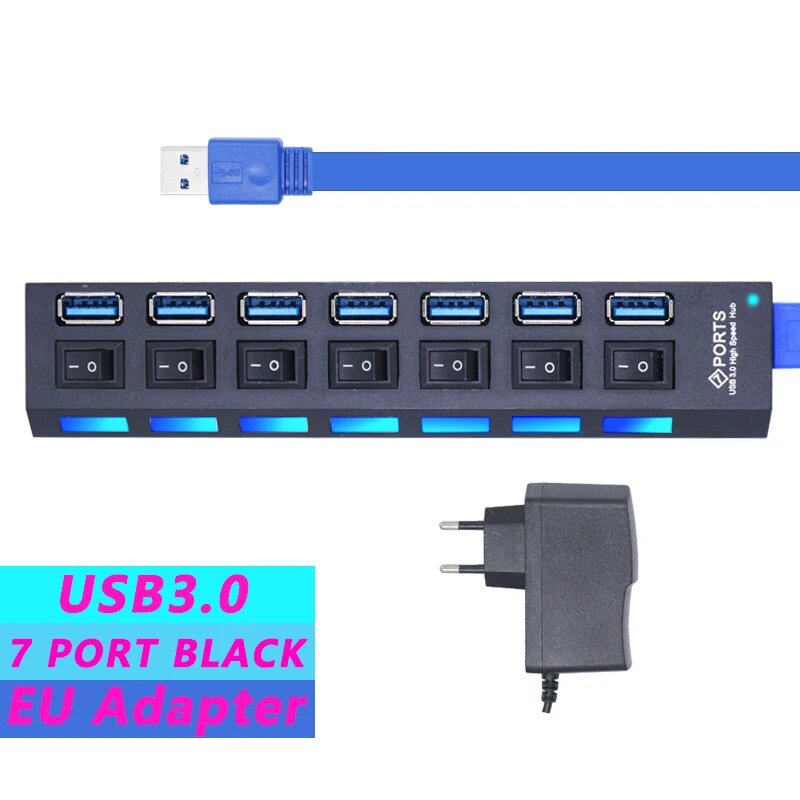 Высокоскоростной концентратор USB 3,0, концентратор на 4/7 портов с несколькими переключателями 3,0, концентратор USB 3 с адаптером питания, удлинитель USB для ПК и ноутбука