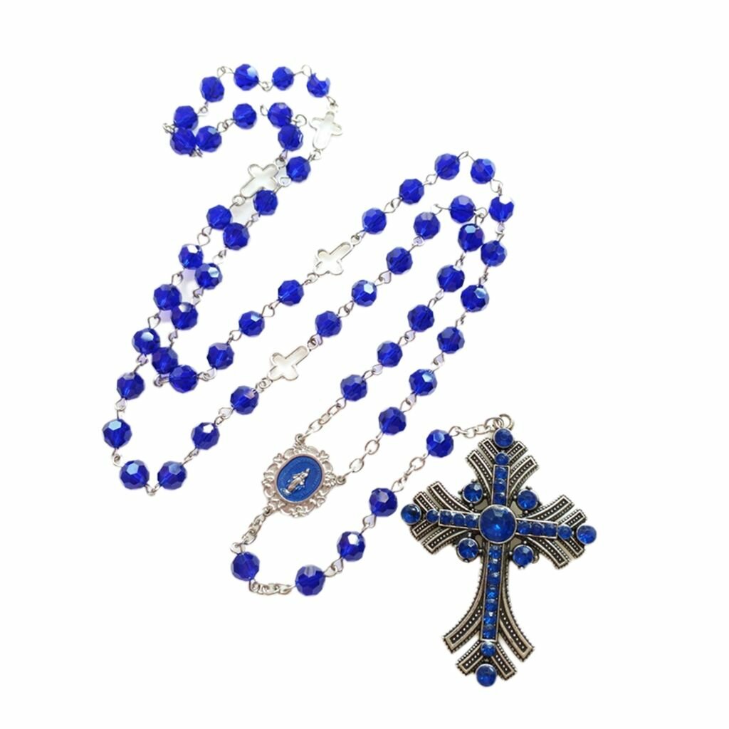 1 нитка синих четок в стиле ретро с длинным простым крестом