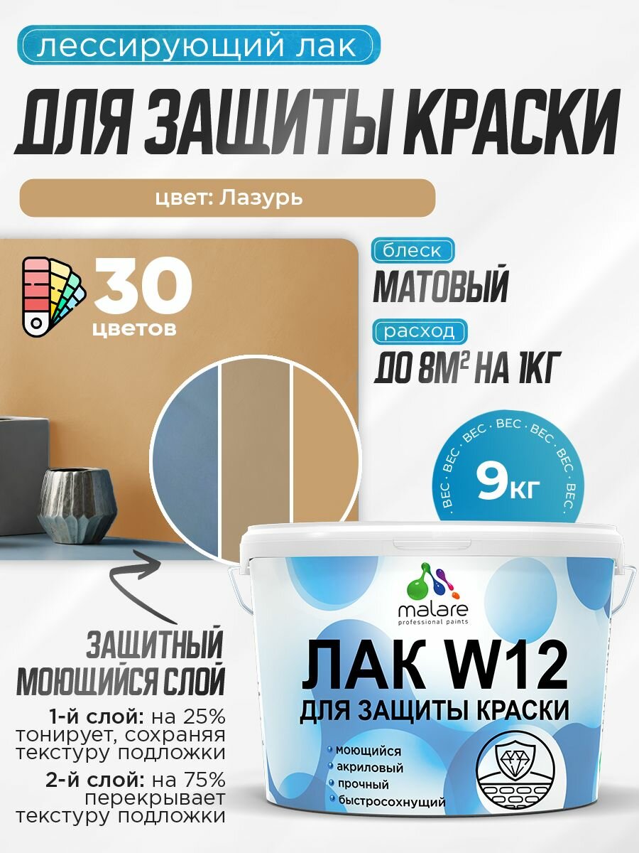 Лак колерованный тонирующий для защиты акриловых красок Malare W12 моющийся универсальный быстросохнущий экологичный, матовый, лазурь, 9 кг.