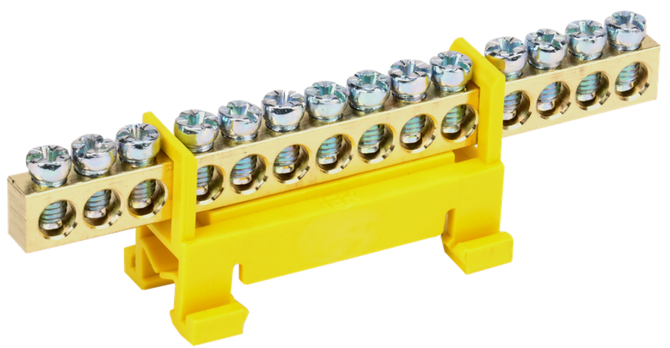 Шина IEK / ИЭК ШНИ-6х9-14-С-Ж PE земля на DIN типа Стойка желтый изолятор, контактная группа качественная латунь, 98х30х23мм, 1×14 100А, YNN10-69-14P-K05 / соединитель проводов