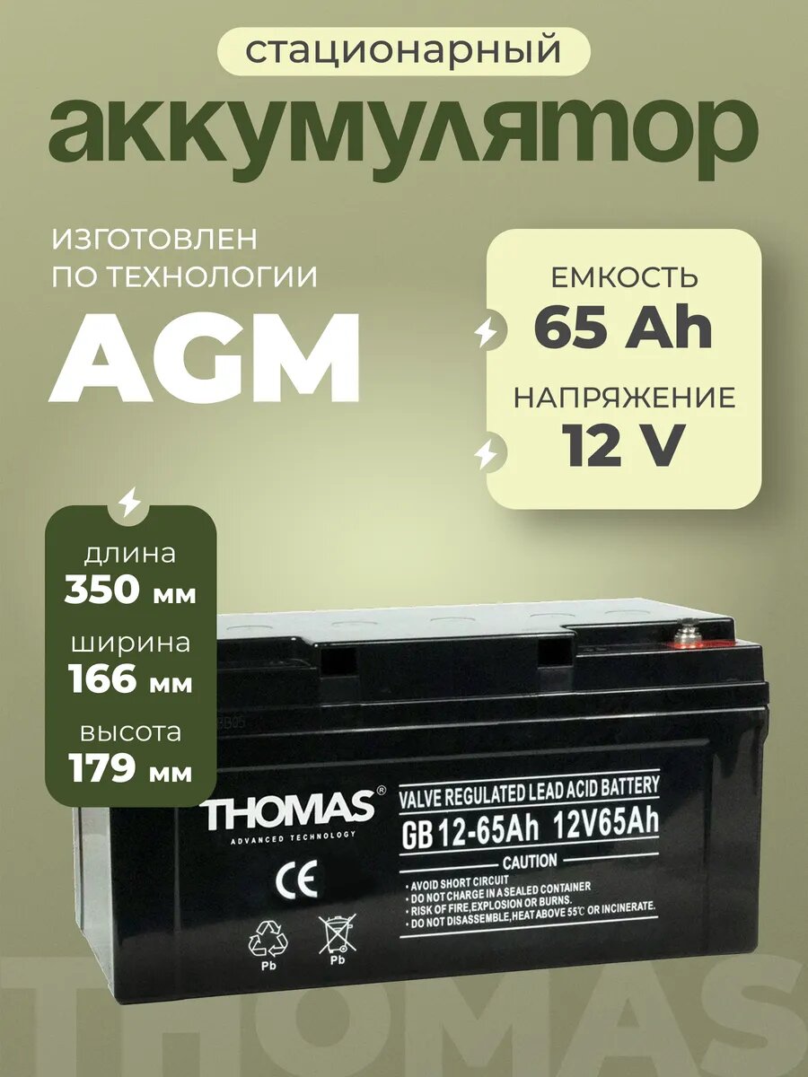 Аккумулятор ибп 12v 65Ah M6 AGM для эхолота, электропастуха