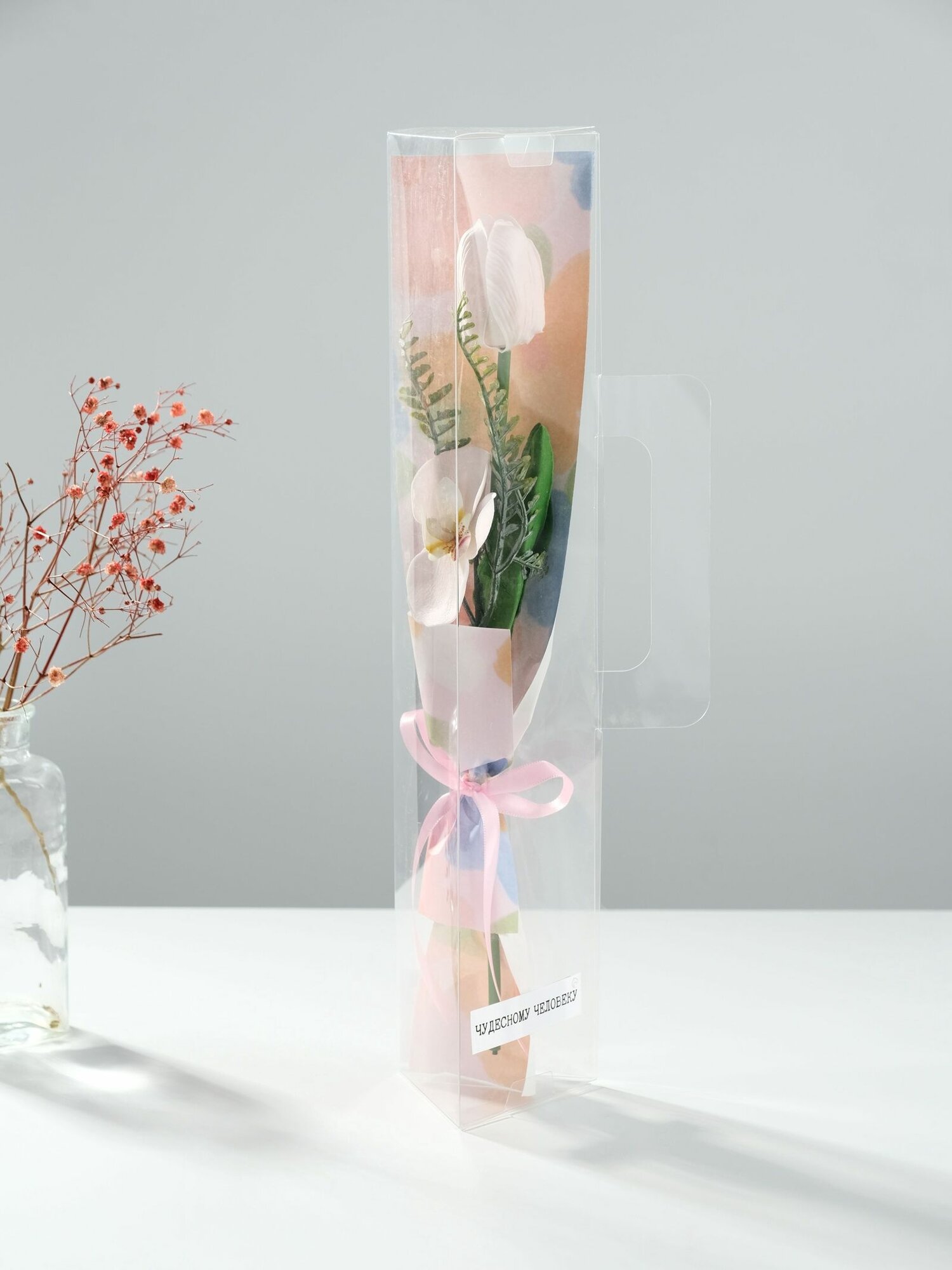 Цветы из мыла букет "Тюльпан с орхидеей", подарок женщинам, нежно-розовый, 8.5*7.4*38.6 см