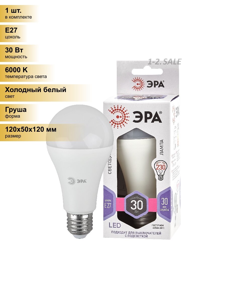 (1 шт.) Светодиодная лампочка ЭРА стандарт ЛОН А65 E27 30W(2400Lm) 6000K 6K 120х50 A65-30W-860-E27 8938 Холодный белый. Цоколь E27