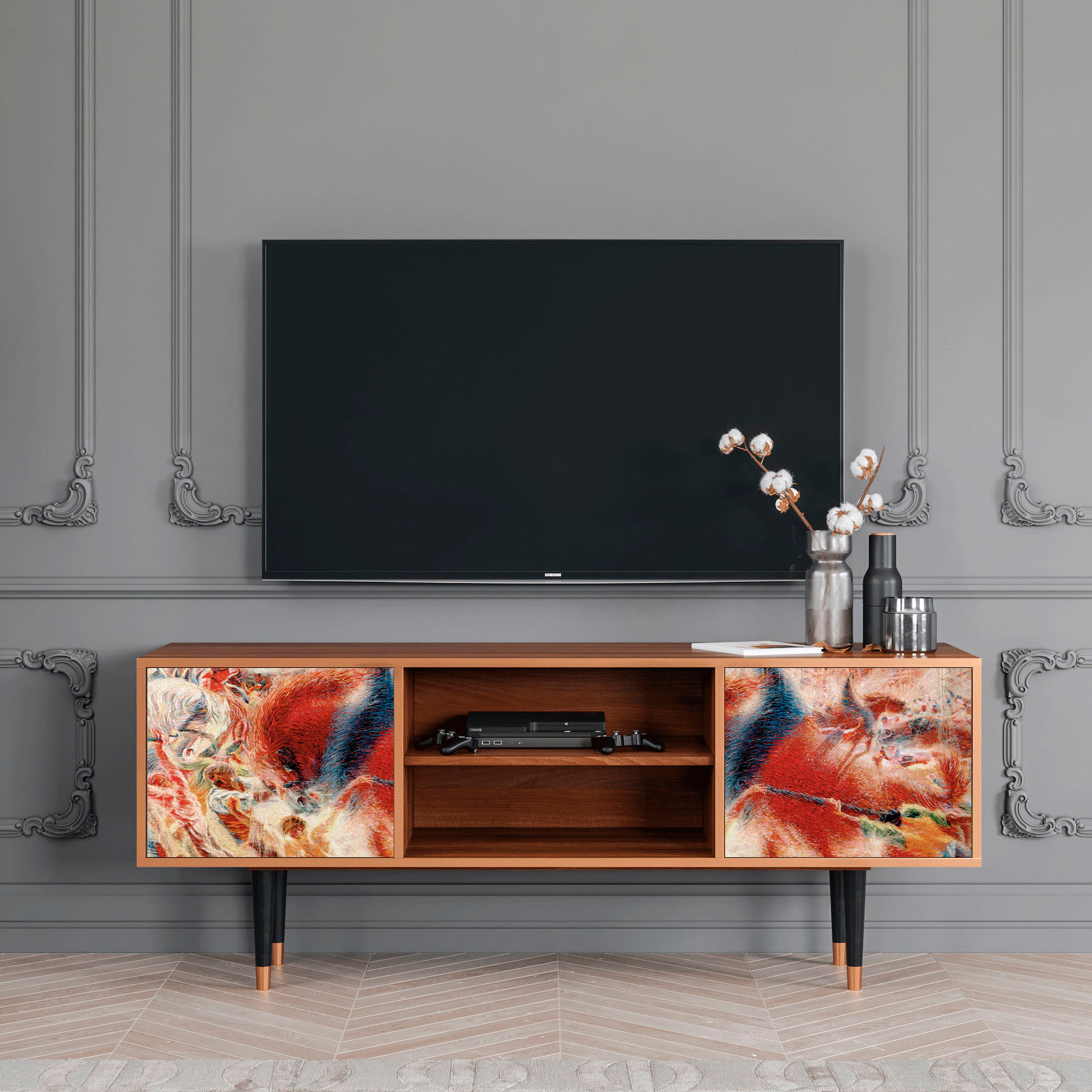 ТВ-Тумба - STORYZ - T2 The City Rises by Umberto Boccioni, Размер - 170 x 69 x 48 см, Цвет корпуса - , Орех