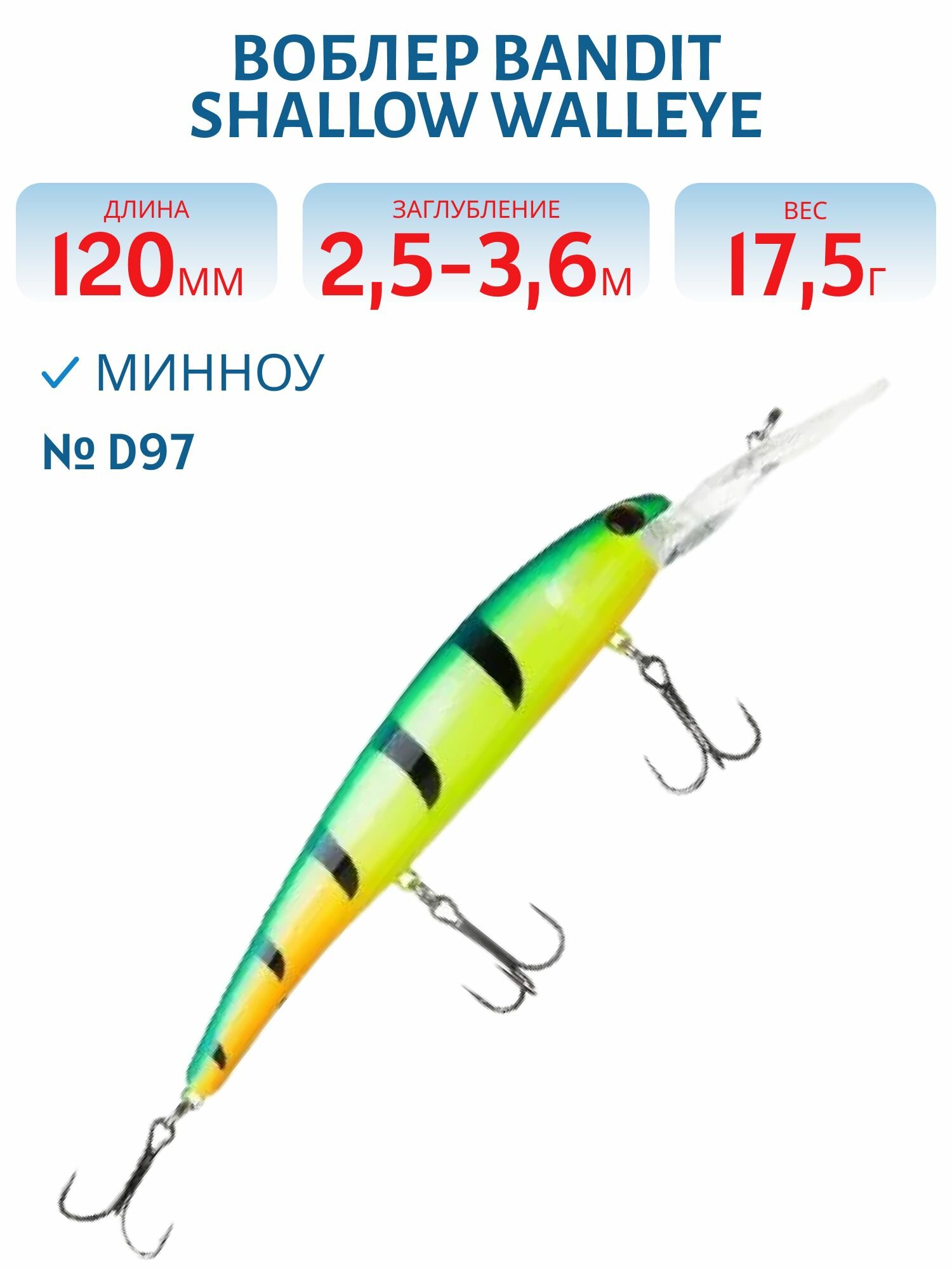 Воблер BANDIT SHALLOW WALLEYE, 120 мм, 17,5 гр, цвет D97