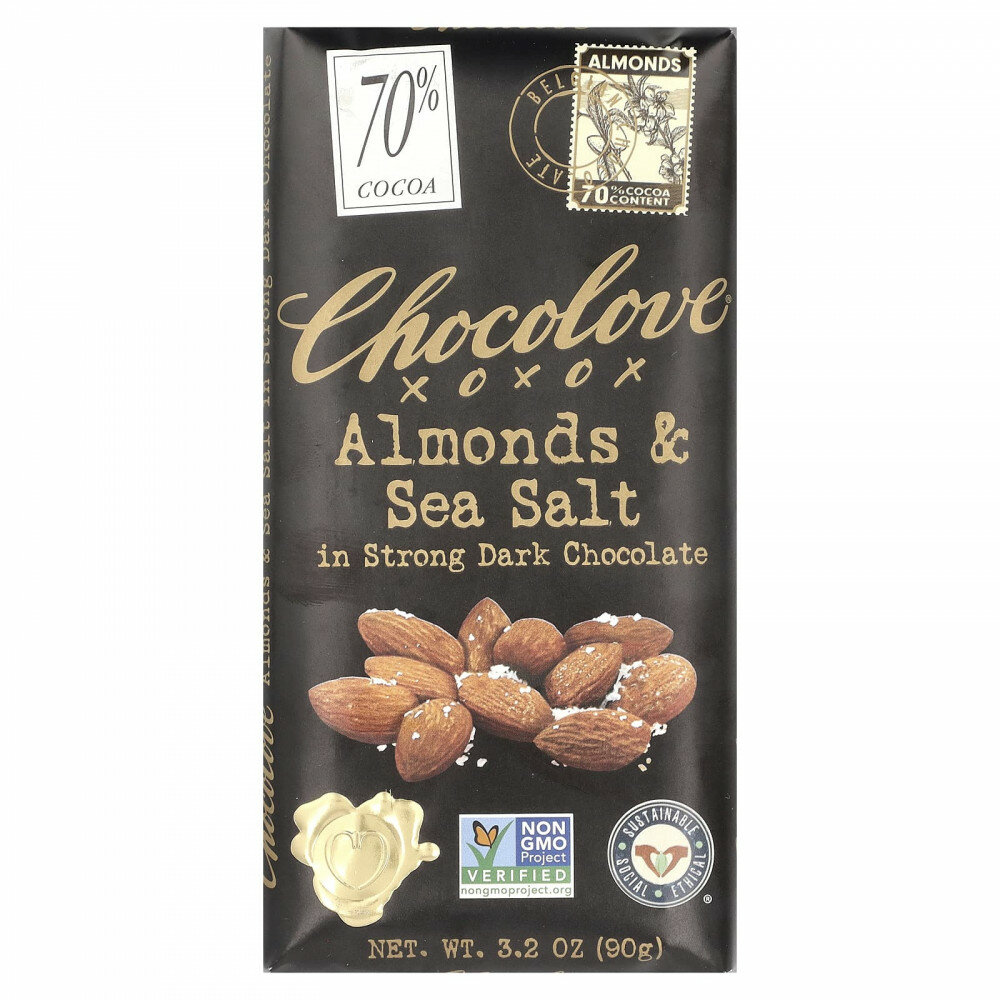 Chocolove, черный шоколад с миндалем и морской солью, 70% какао, 90 г (3,2 унции)