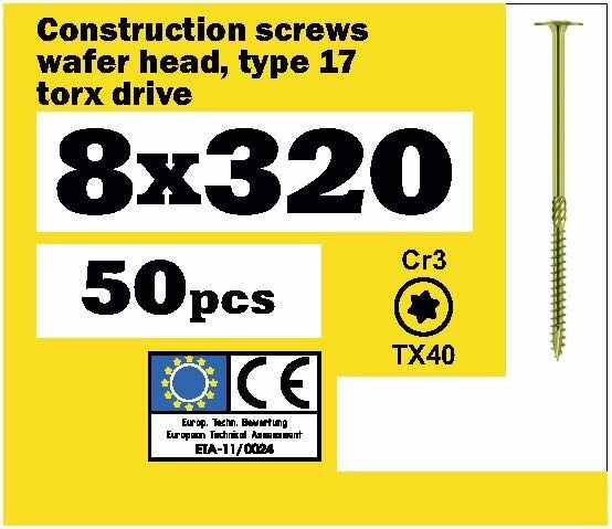 8х320 с прессшайбой, (50 шт), Саморез конструкционный, TX40
