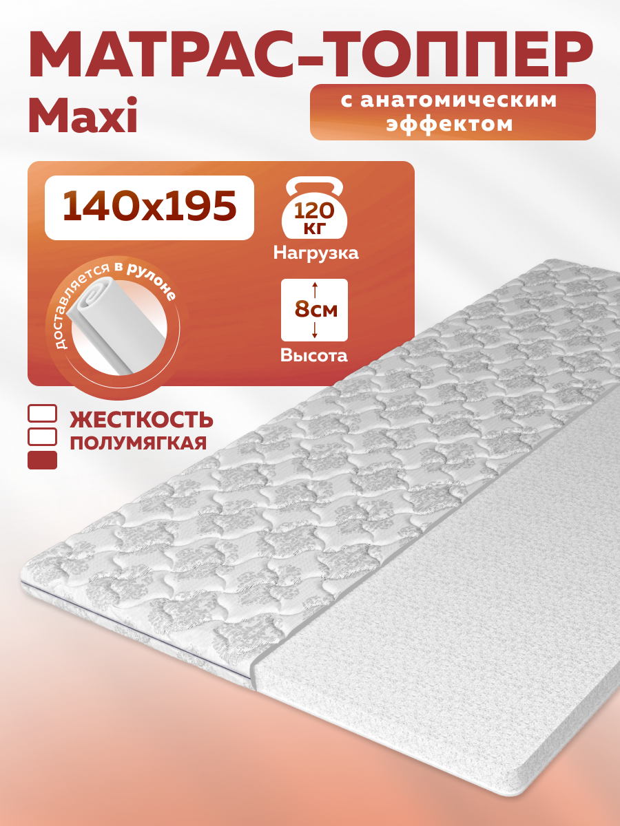 Матрас-топпер на диван Topper Maxi, 140х195х8 см, двусторонний, съемный чехол